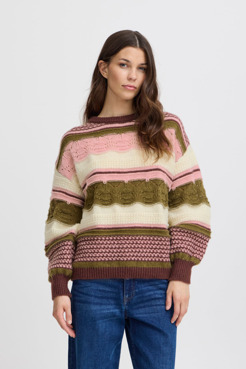 ICHI Astra jumper, pink & olive